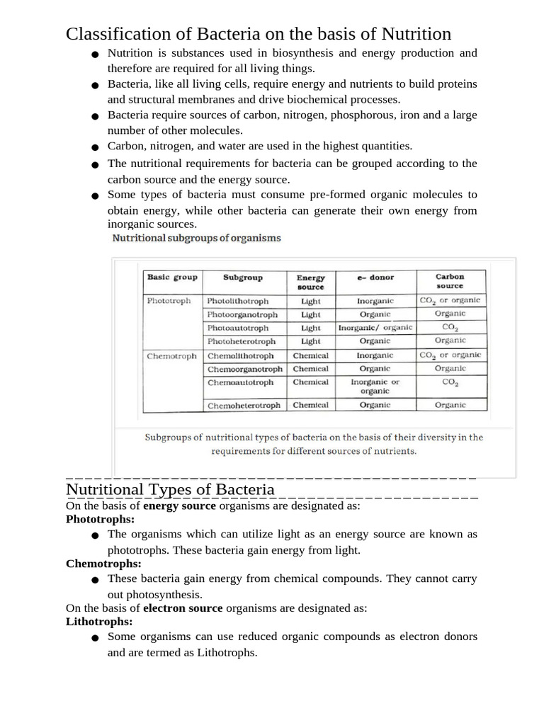 Bacterial Nutrition Classification Guide | PDF | Chemistry | Biology