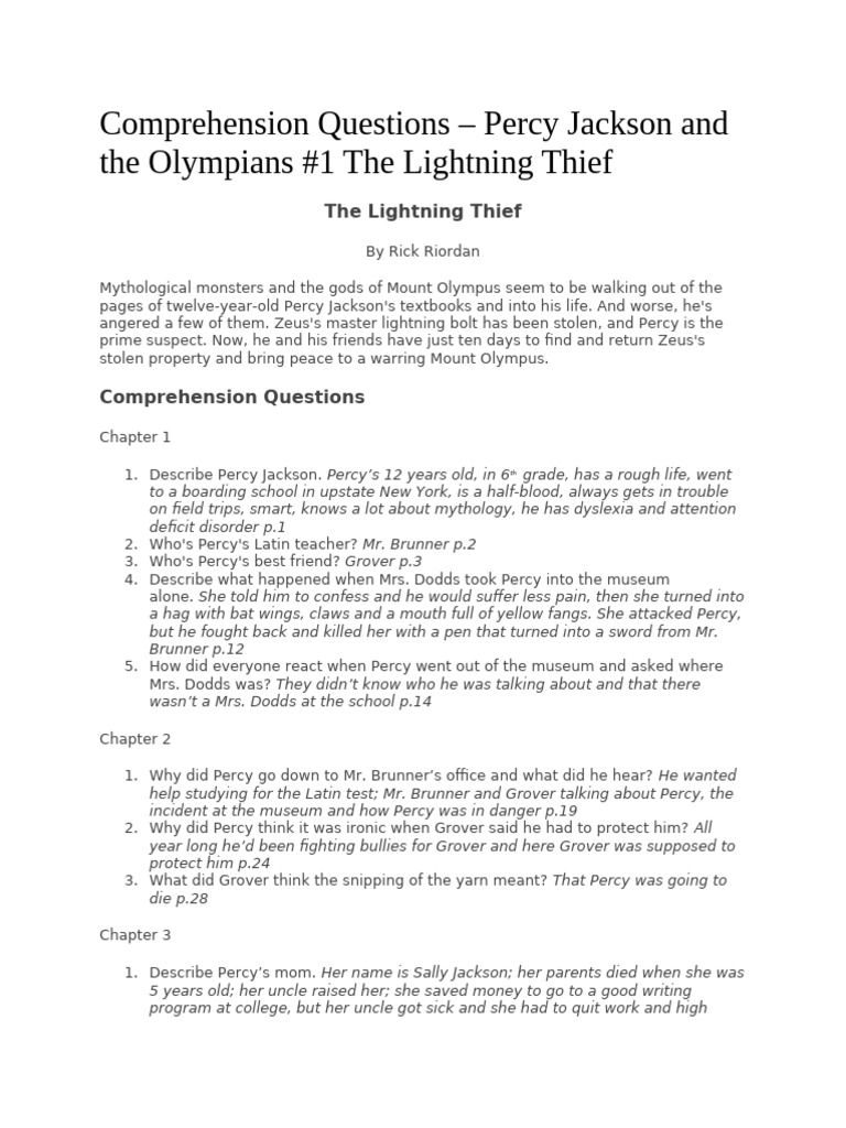 Percy Jackson and The Olympians #1 The Lightning Thief - Comprehension ...