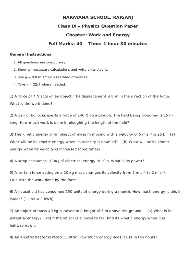 Class IX Physics Work and Energy Exam | PDF | Force | Mechanics