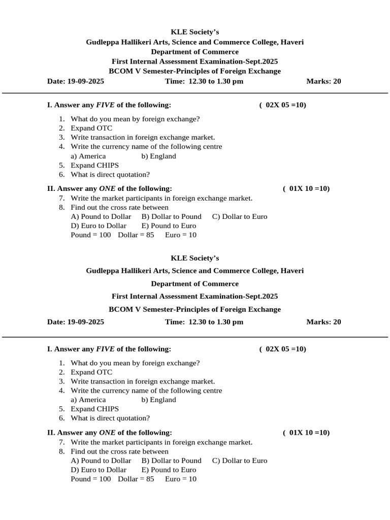 BCOM V Semester Foreign Exchange Exam Guide | PDF