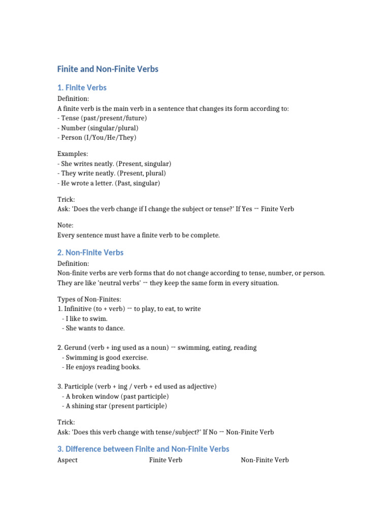 Finite vs Non-Finite Verbs Explained | PDF