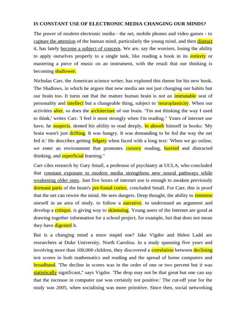 Impact of Electronic Media on Reading | PDF | Psychological Concepts ...