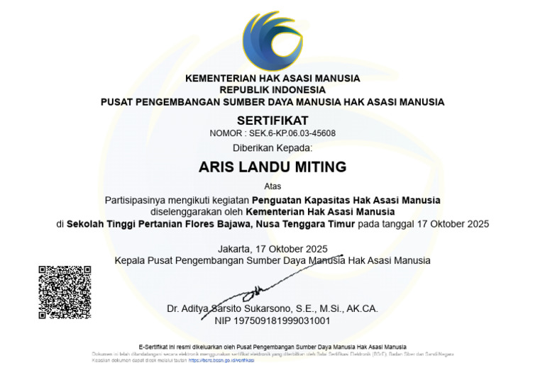 E-Sertifikat Aris Landu Miting | PDF