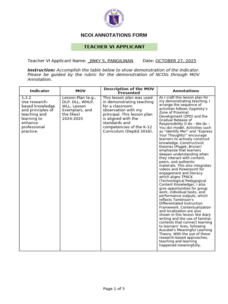 NCOI Annotations Form For Teacher VI Applicant | PDF | Learning | Behavior Modification