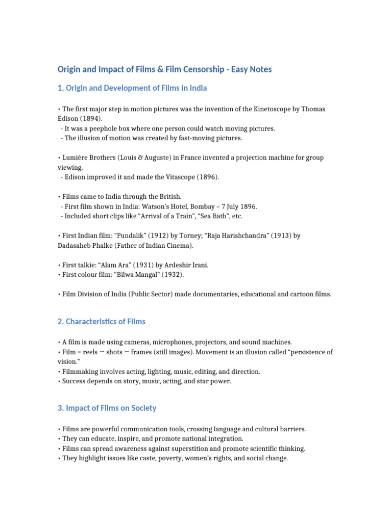 Origin and Impact of Films and Censorship Notes | PDF | Cinema Of India