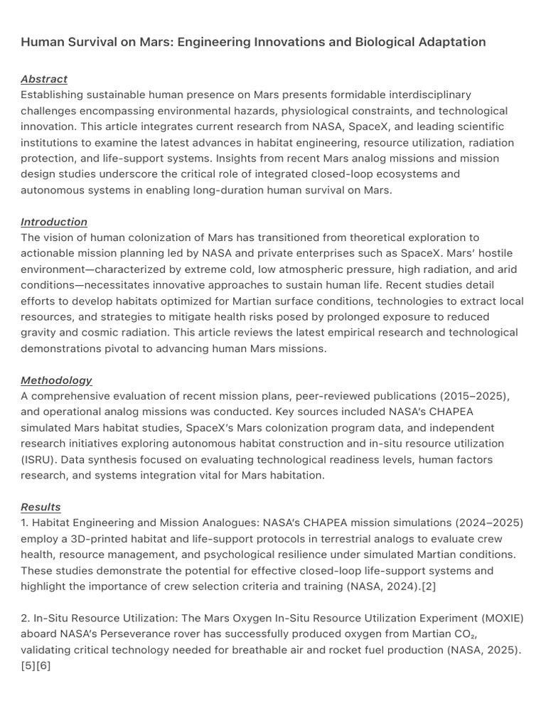 Human Survival On Mars - Engineering Innovations and Biological ...