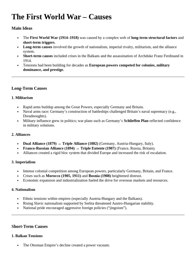 One Pager - The First World War Causes | PDF | German Empire | Austria ...