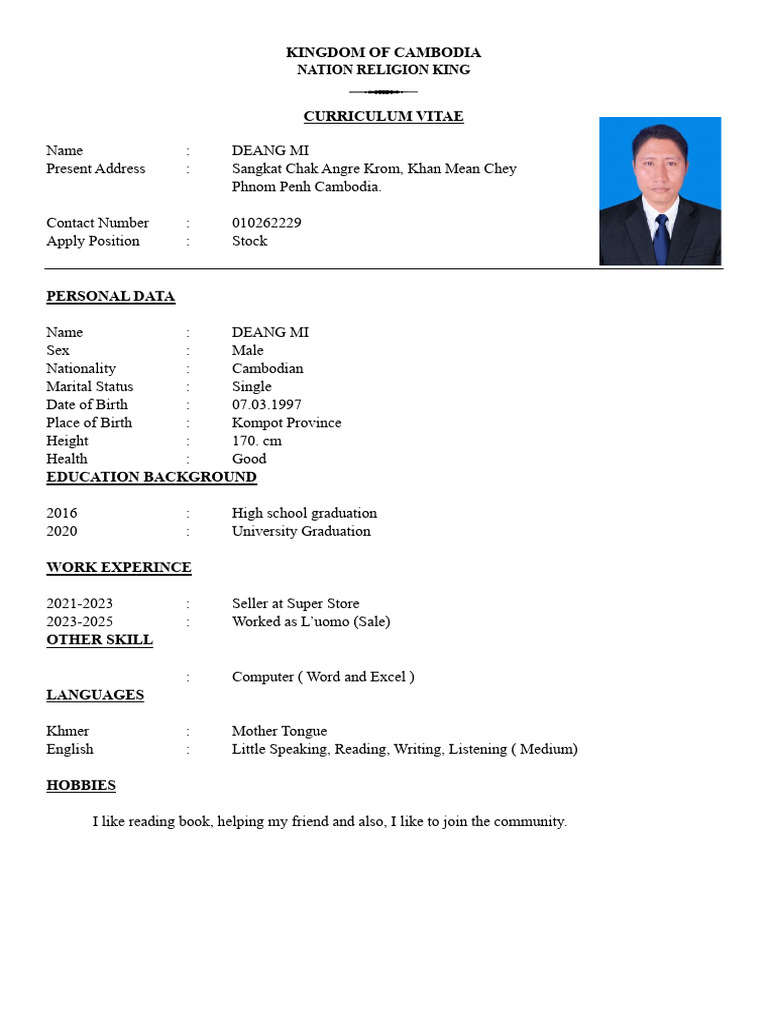 Deang Mi's CV for Stock Position | PDF