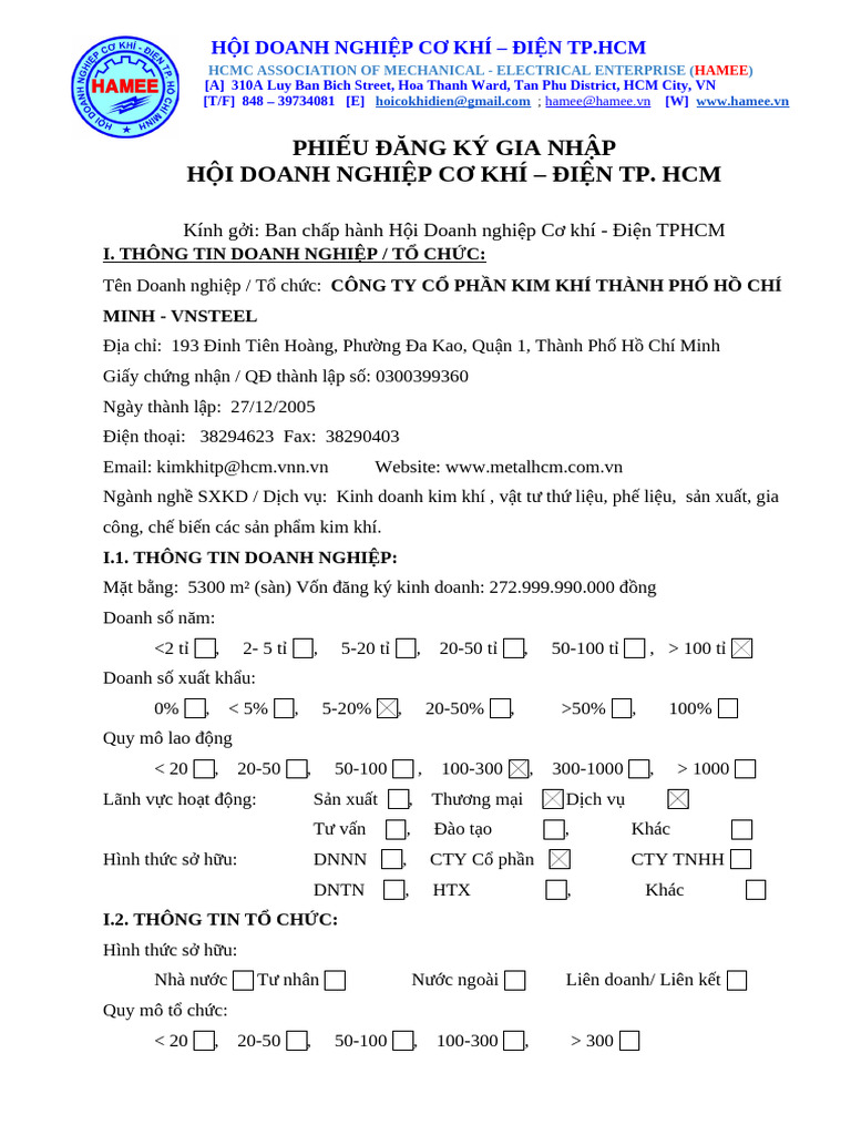 1.HAMEE - Phieu Dang Ky Gia Nhap Hoi | PDF