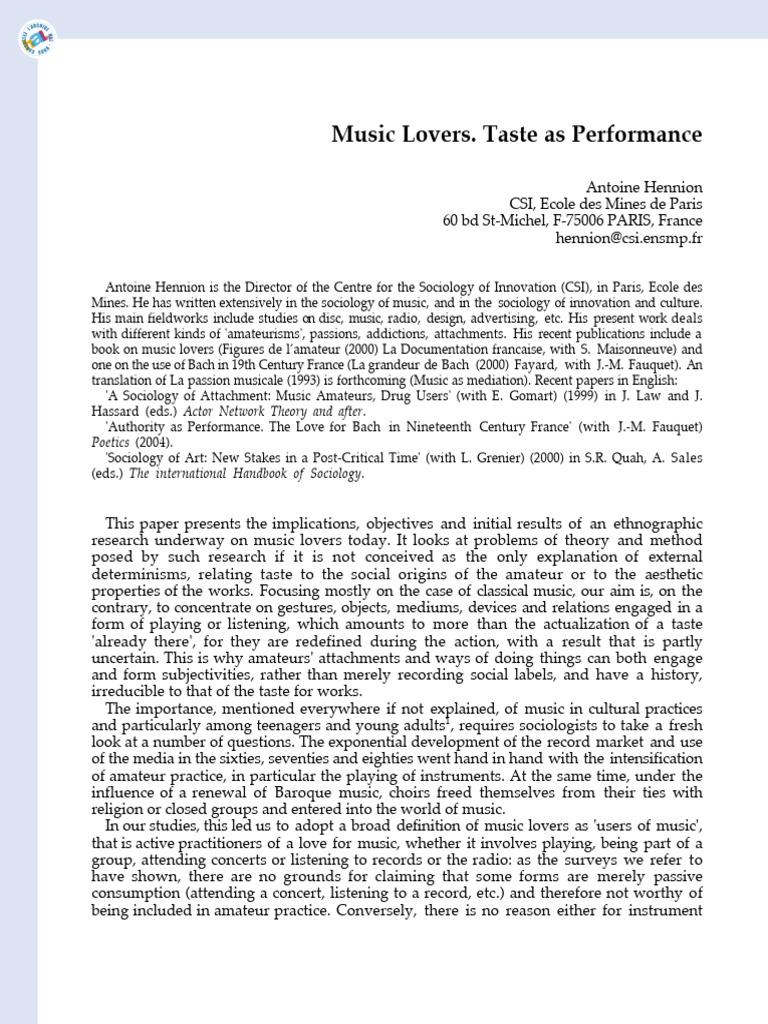 Music Lovers Taste As Performance | PDF | Sociology | Love
