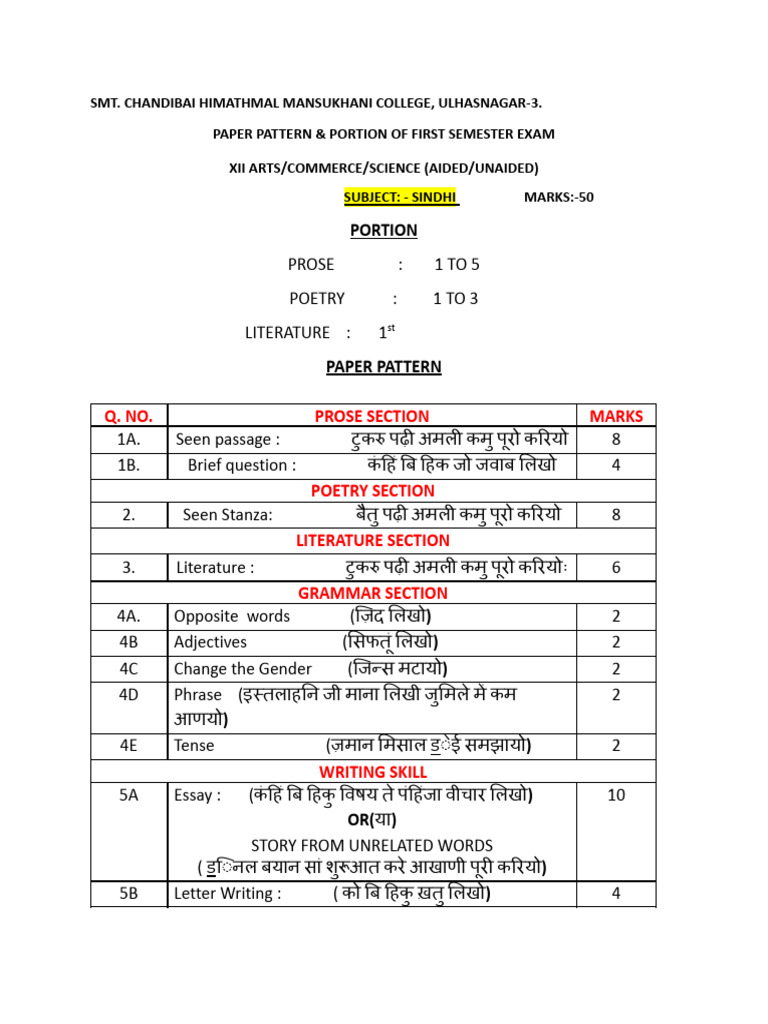 XII Sindhi Paper Pattern For Practice Paper | PDF