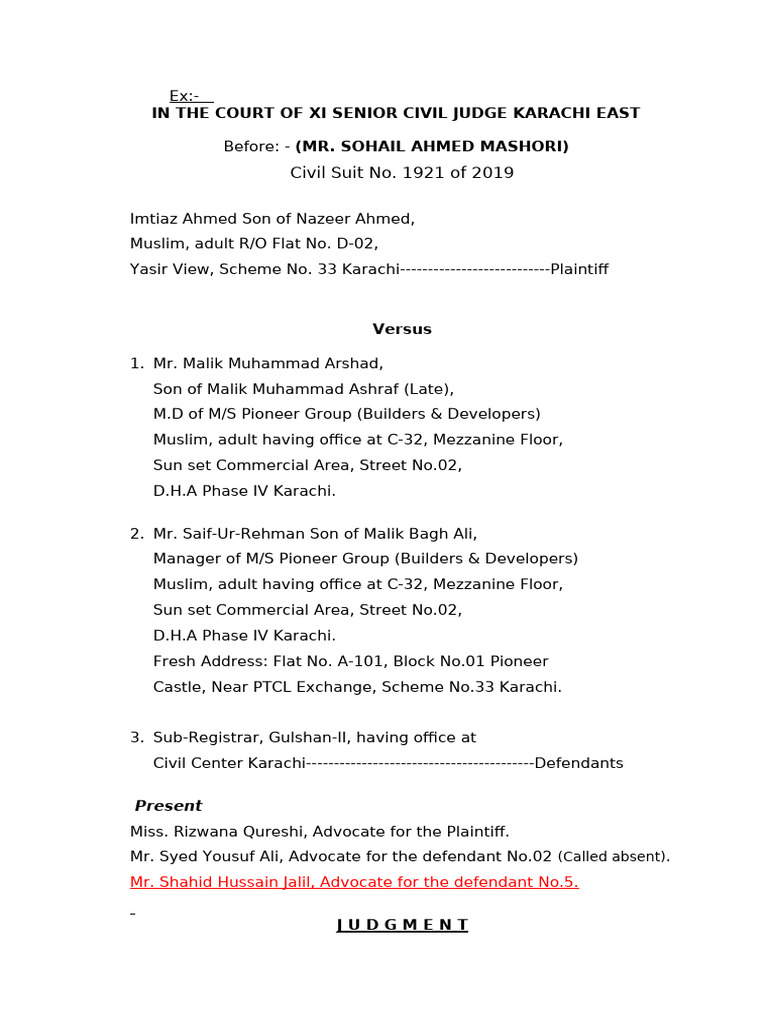 Suit No. 1921 of 2019 Declaration Specific Performance and Perment ...