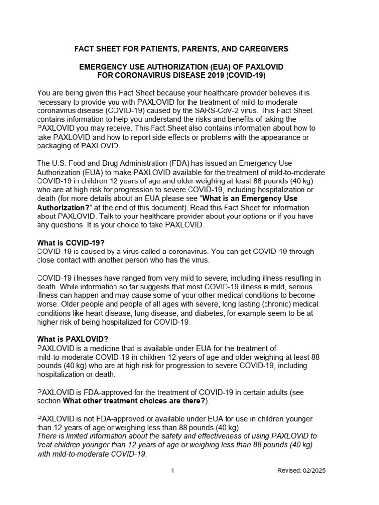 Paxlovid.fact Sheet.recipients and Caregivers.2.12.2025 | PDF | Medicine | Clinical Medicine