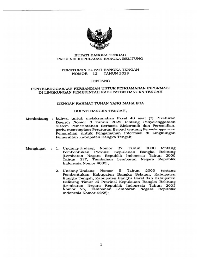 Perbup Nomor 12 Tahun 2023 Tentang Penyelenggaraan Persandian Untuk ...