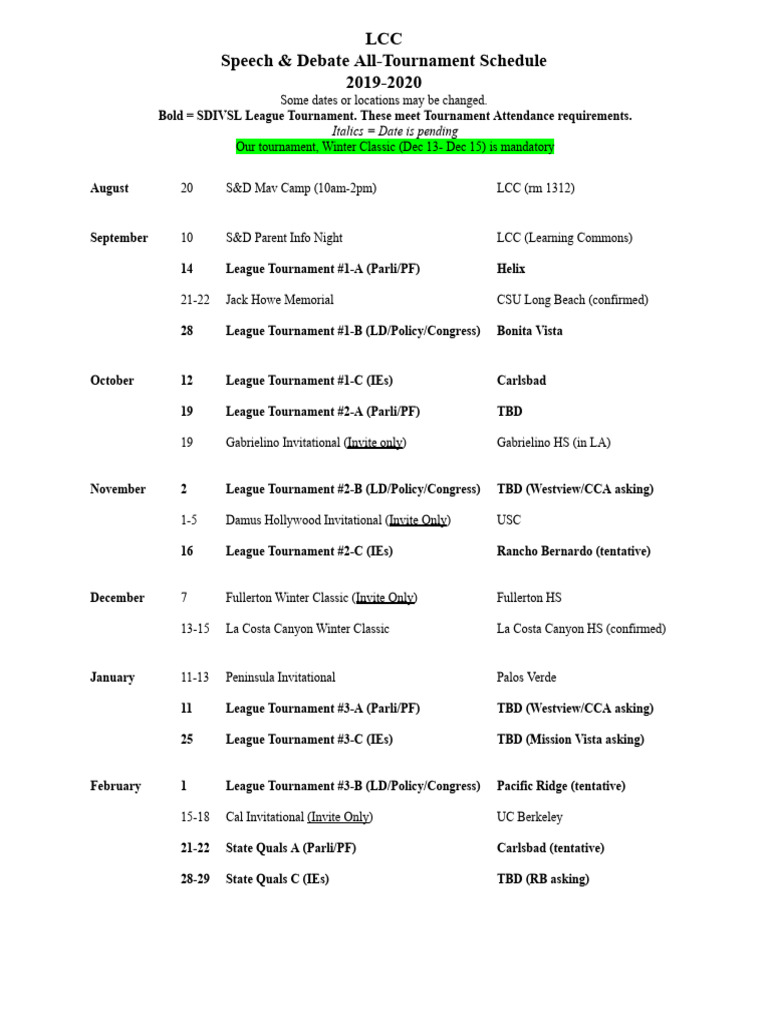 2019-20 All Tournament Schedule (LCC) | PDF