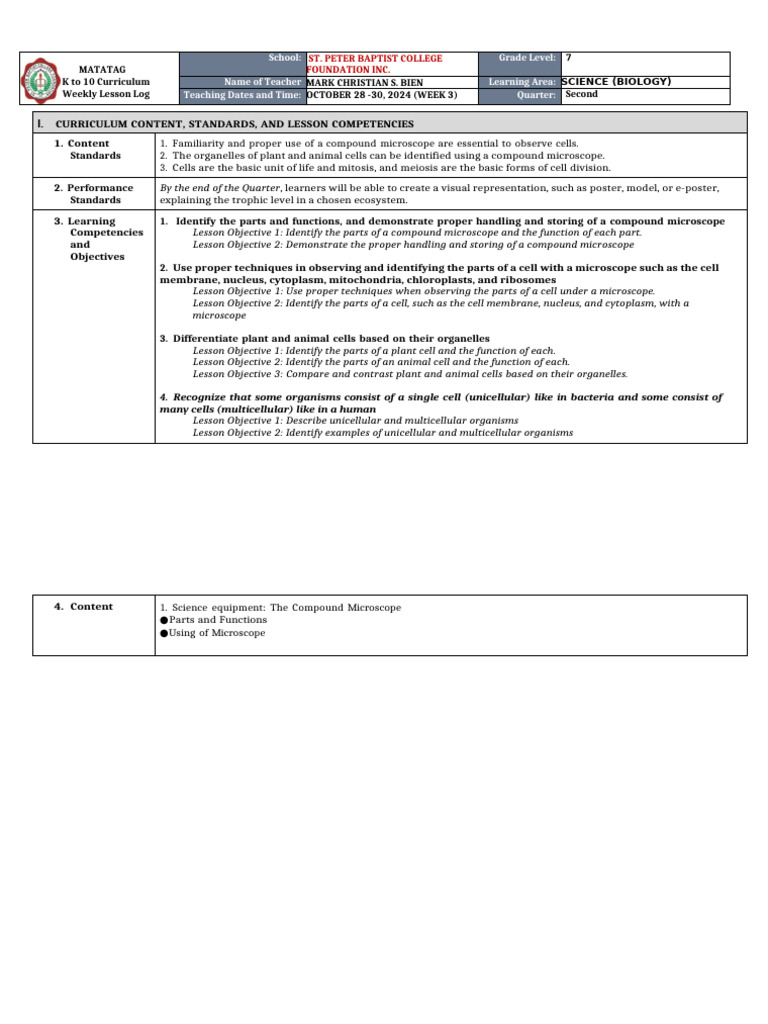 Grade 7 Science Weekly Lesson Log | PDF | Cell (Biology) | Prokaryote