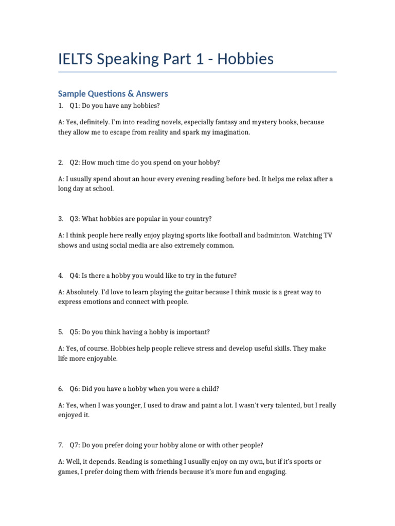 IELTS Speaking Hobbies Full | PDF