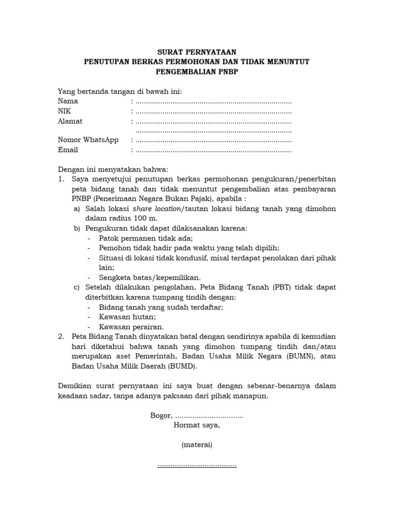 Surat Pernyataan Penutupan Berkas PNBP | PDF