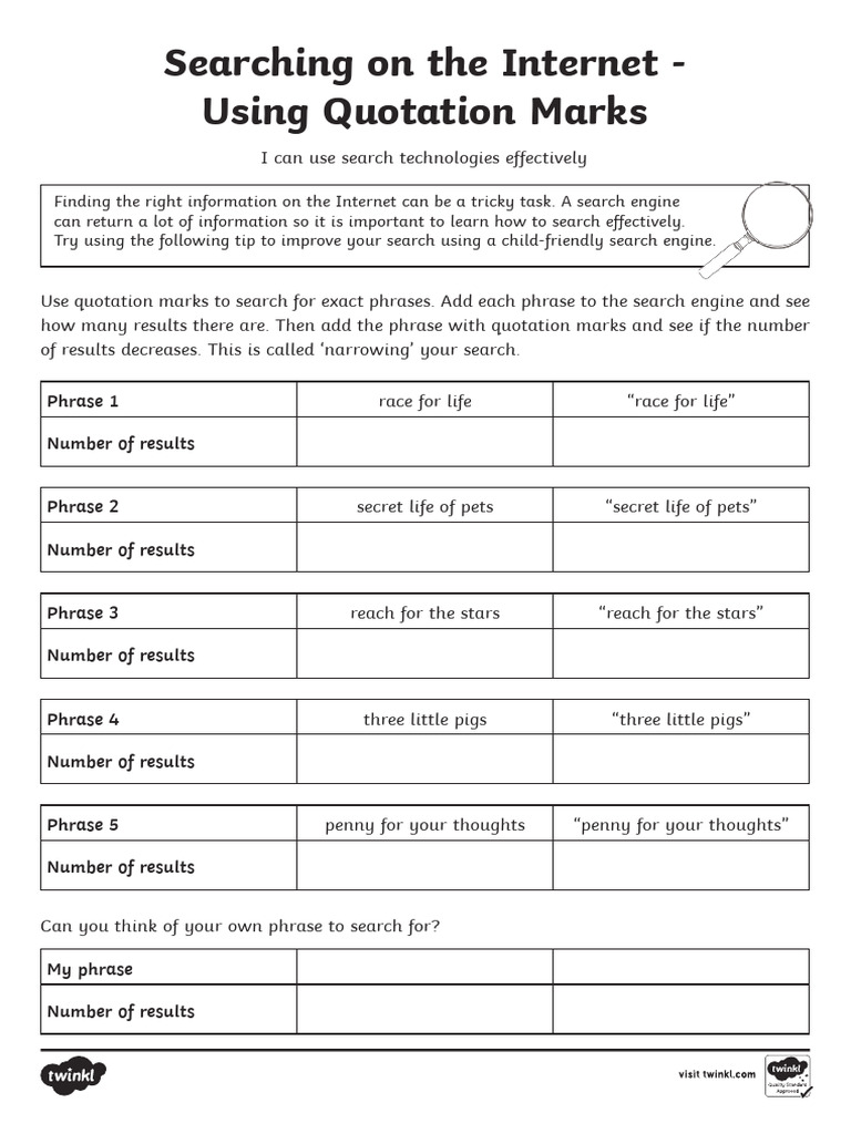 Searching The Internet - Quotation Marks Worksheet | PDF
