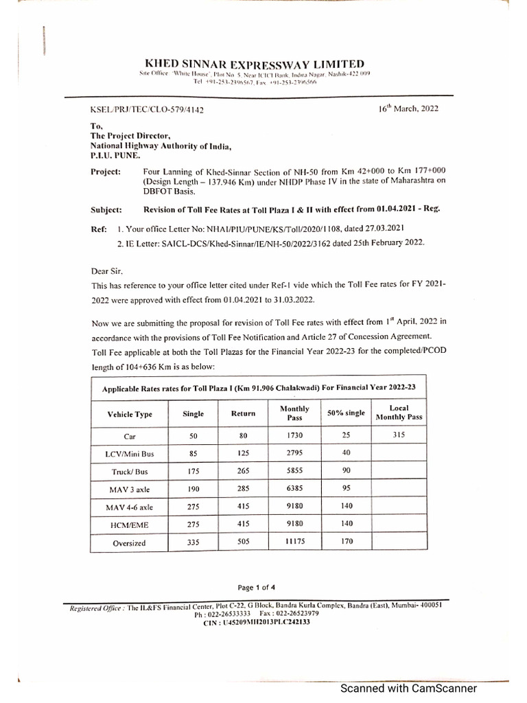KSEL - Acknowledgment Letter - Toll Rate Revision | PDF