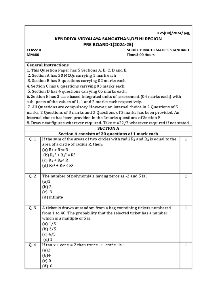 Class X Mathematics Pre Board 1 Paper | PDF | Chess Theory | Chess