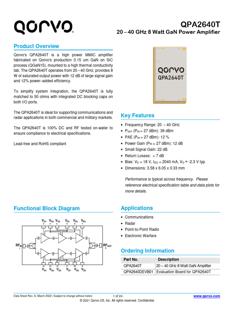 QPA2640T 8W GaN Amplifier Data Sheet | PDF | Amplifier | Decibel