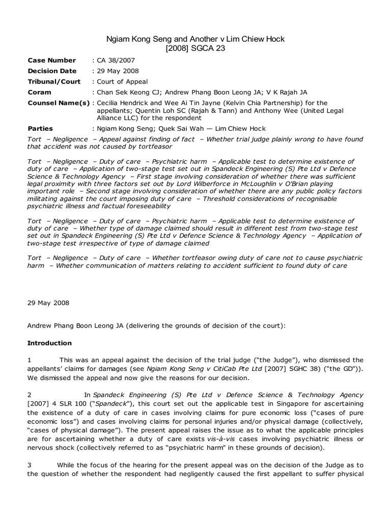 Ngiam Kong Seng and Another V Lim Chiew Hock | PDF | Negligence ...