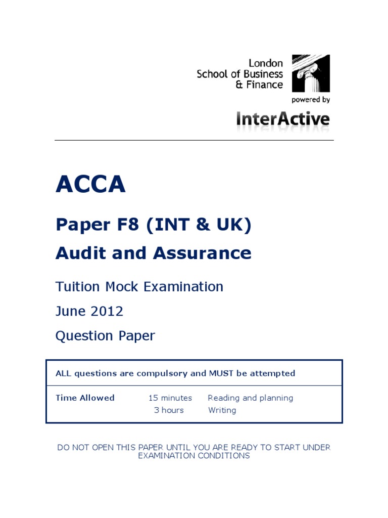 Acca f8 Mock | PDF | Cheque | Auditor's Report