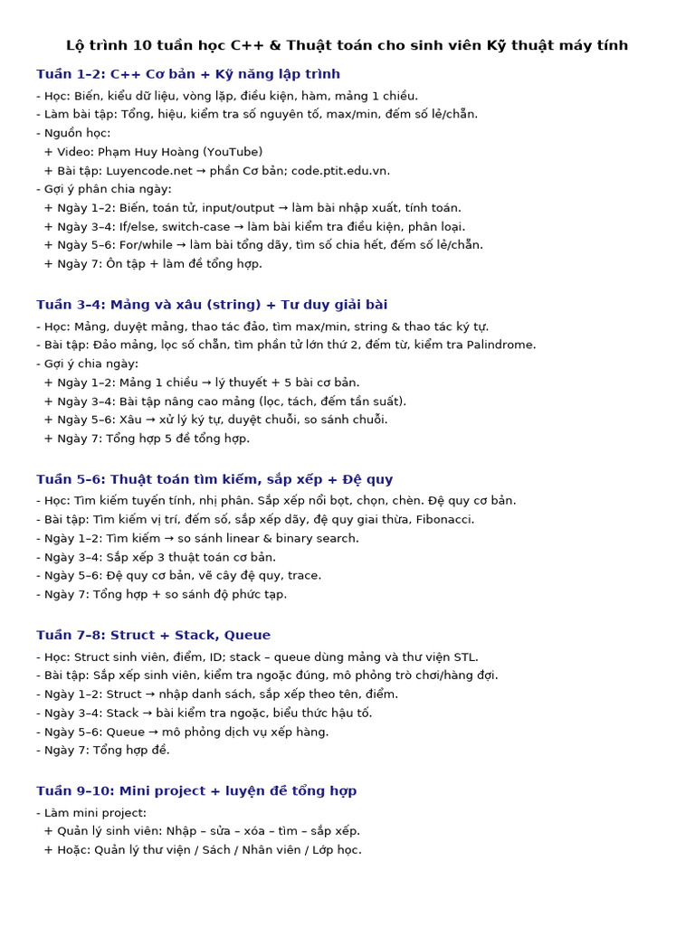 Lo Trinh 10 Tuan Thuat Toan C++ | PDF