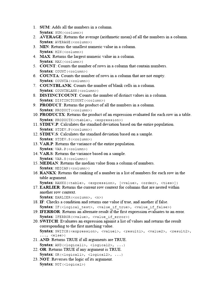 Dax Functions Syntax | PDF | Standard Deviation | Median