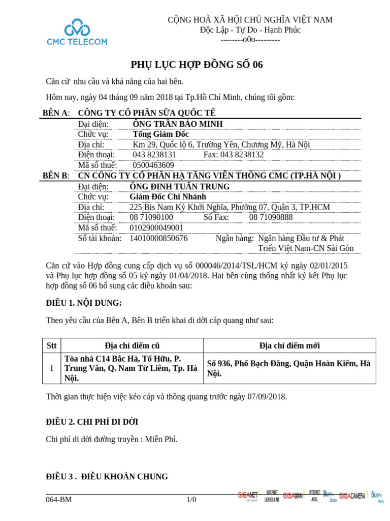 Phu Luc So 6 - Di Doi - Sua Quoc Te - HNI - 092018 | PDF