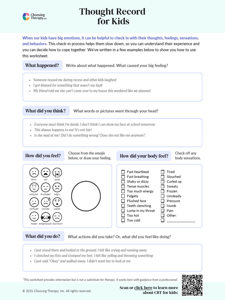 Kids' Thought Record Worksheet | PDF | Mental Health | Thought