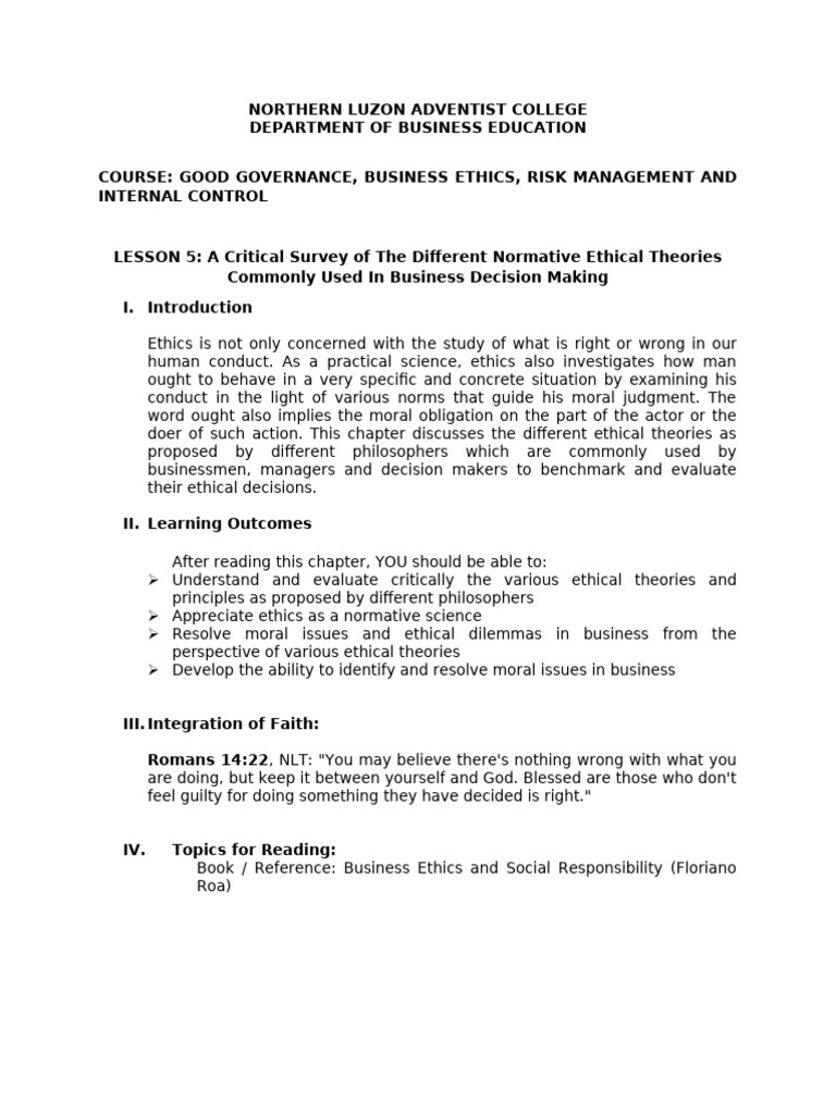 Chapter 5 A Critical Survey of The Different Normative Ethical Theories ...