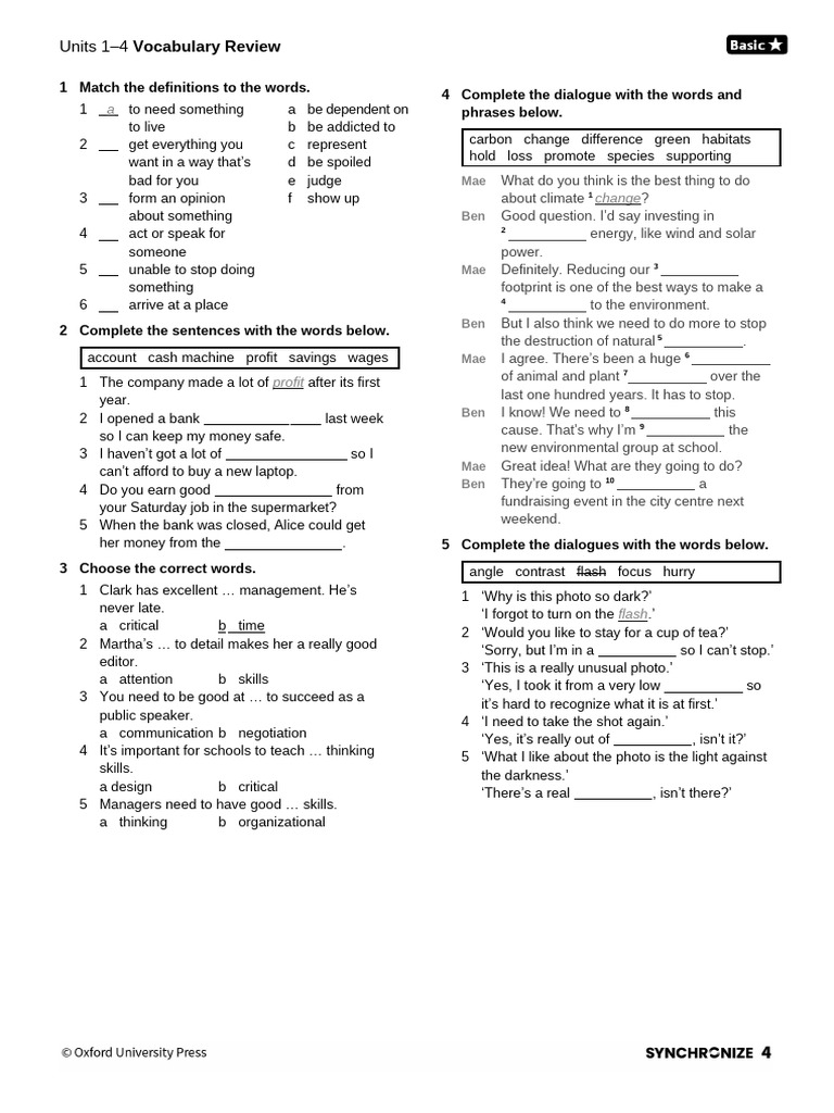 Vocabulary Review: Units 1-4 Exercises | PDF