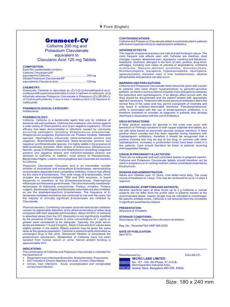 Gramocef CV Cefixime 200mg Clavulanic Acid 125mg Film-Coated Tablet-Pil ...