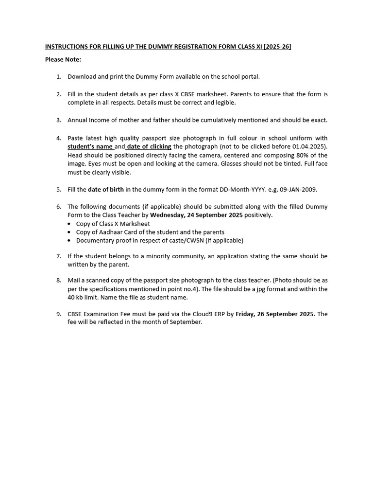 Dummy Registration Form Guide Class XI | PDF