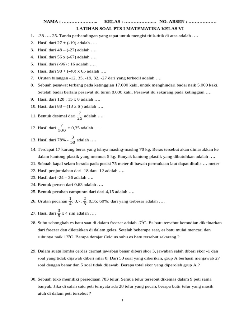 Latihan Soal PTS I Matematika | PDF
