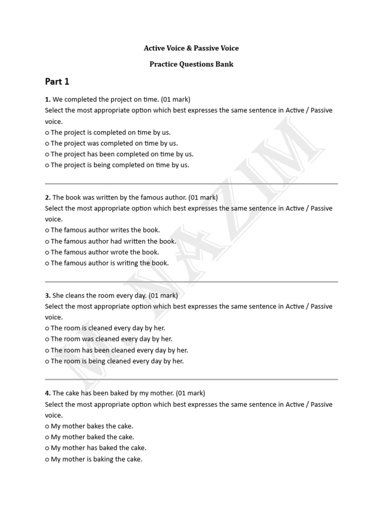 Active Voice & Passive Voice Practice Question Bank (60 Q) | PDF