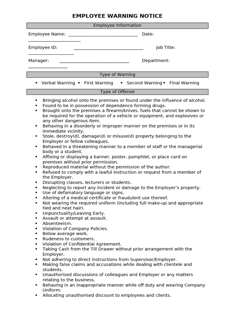 Employee Warning Notice Form | PDF | Employment | Justice