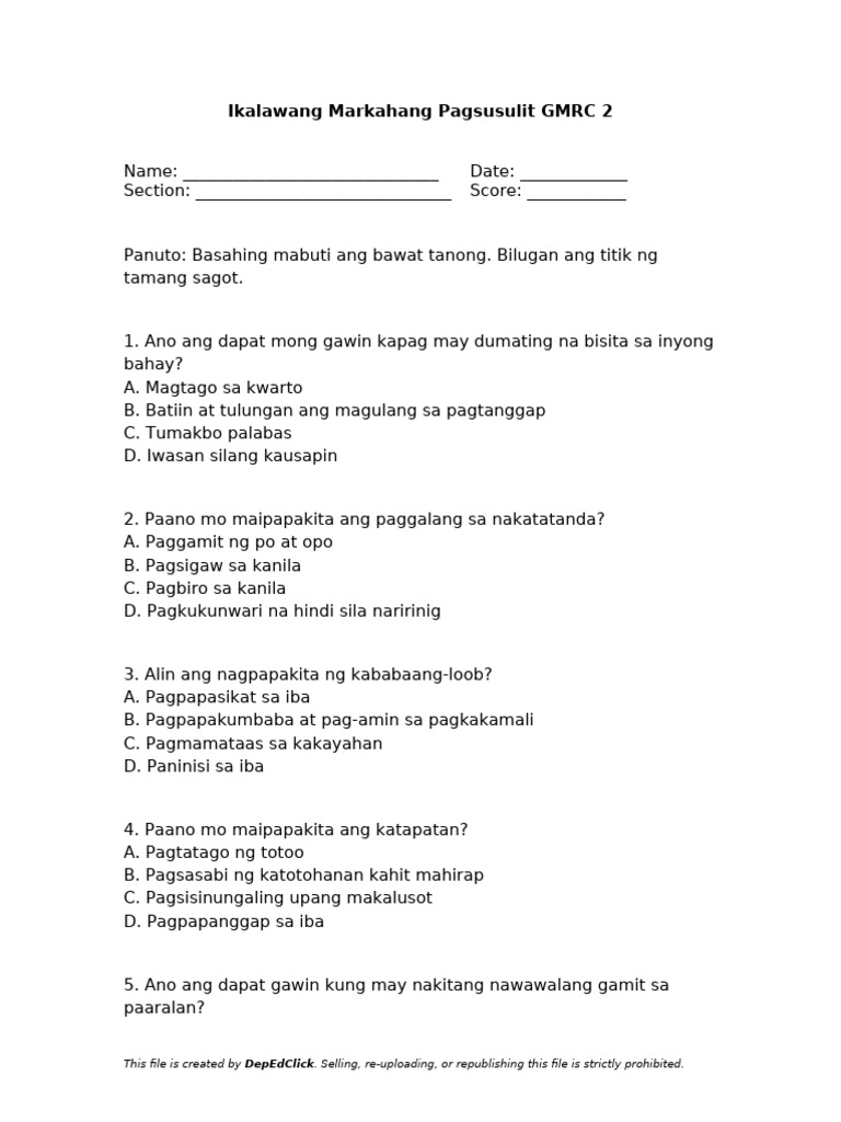 Quarter 2 Examination GMRC 2 DepEdClick | PDF