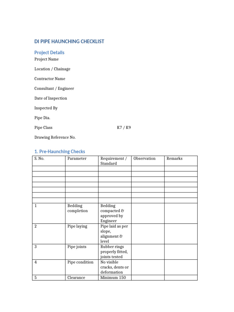 Pipe Haunching Inspection Checklist | PDF | Pipe (Fluid Conveyance)