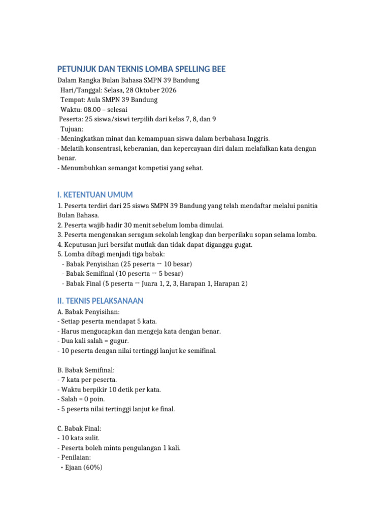 Petunjuk Lomba Spelling Bee SMPN 39 | PDF