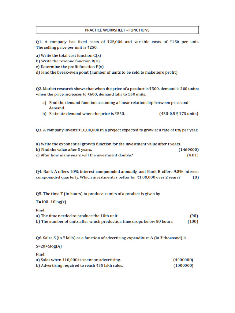 Practice Worksheet - Functions | PDF