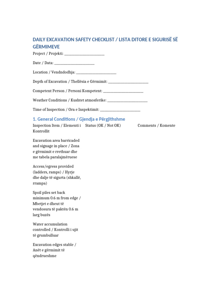 Daily Excavation Safety Checklist en-AL | PDF