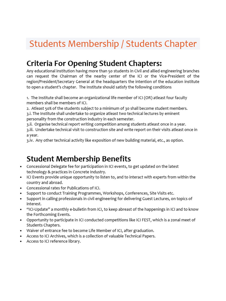 ICI-Student Chapter - Membership Criteria&Benefits | PDF