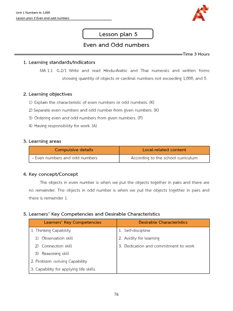 Even and Odd Numbers Lesson Plan | PDF | Learning | Lesson Plan