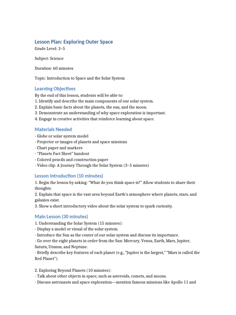 Space Exploration Lesson Plan | PDF | Solar System | Planets