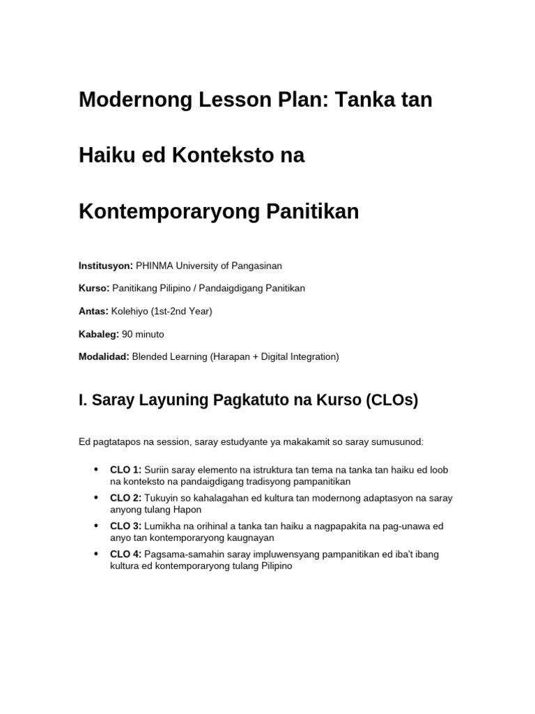 Modernong Lesson Plan - Tanka Tan Haiku - PHINMA UPang (Pangasinense ...