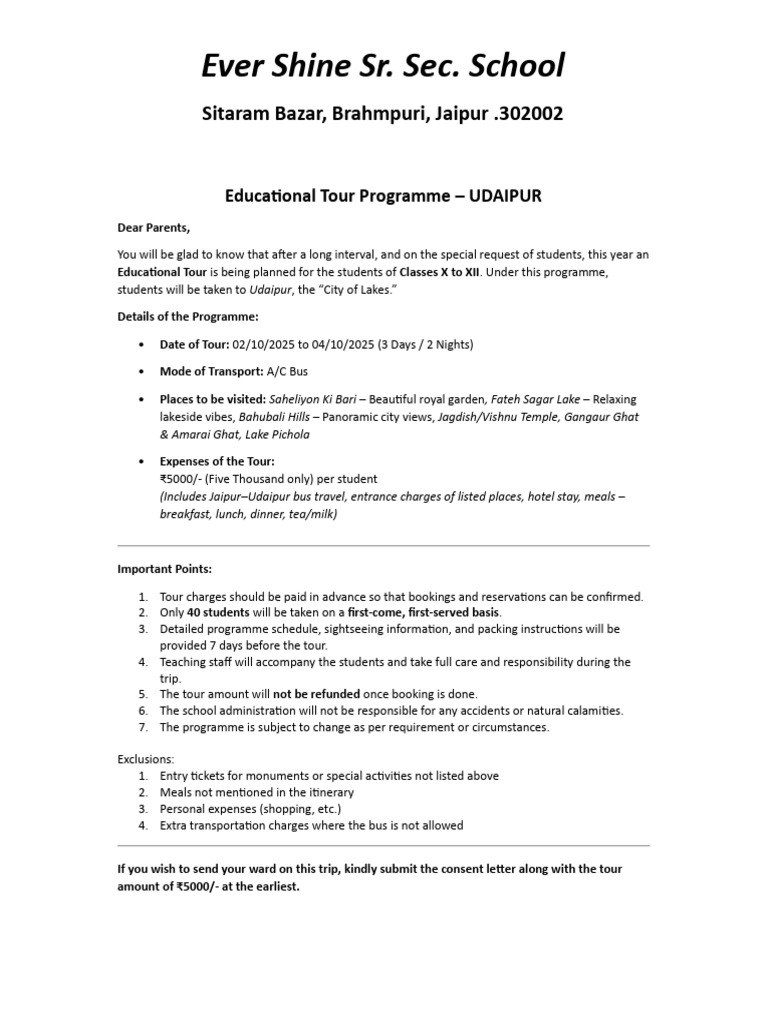 Udaipur Educational Tour for Students | PDF