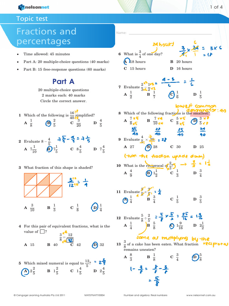 Fractions and Percentages Test | PDF | Multiple Choice | Algebra